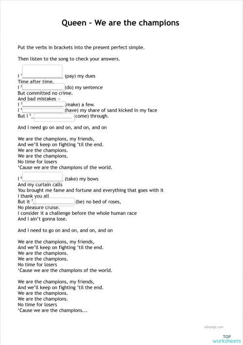 We Are the Champions- Song by Queen. Interactive worksheet | TopWorksheets