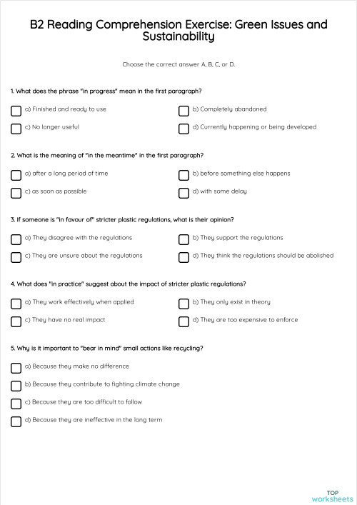 B2 Reading Comprehension Exercise: Green Issues and Sustainability ...