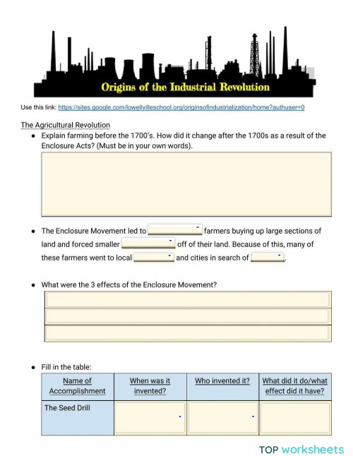 Origins of the Industrial Revolution. Interactive worksheet | TopWorksheets