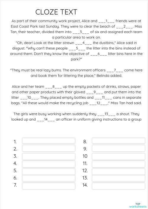 B1 Cloze Text. Interactive worksheet | TopWorksheets