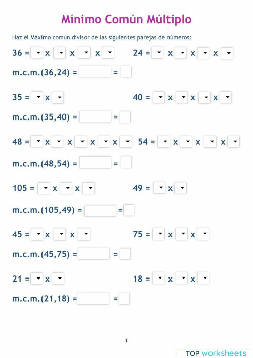 Mínimo común múltiplo. Ficha interactiva | TopWorksheets