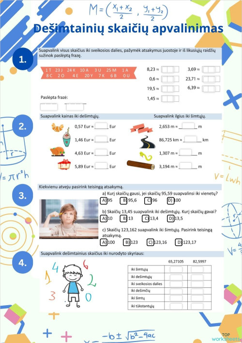 Dešimtainių skaičių apvalinimas. Interactive worksheet | TopWorksheets