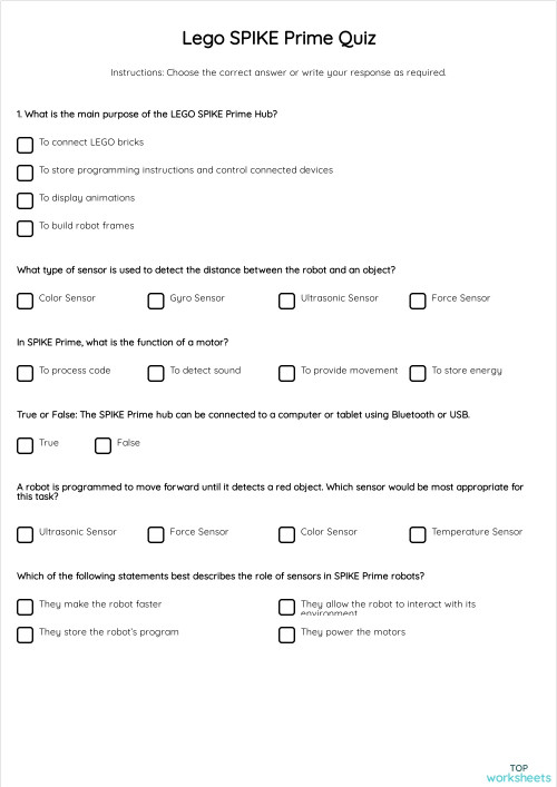Lego SPIKE Prime Quiz. Interactive worksheet | TopWorksheets