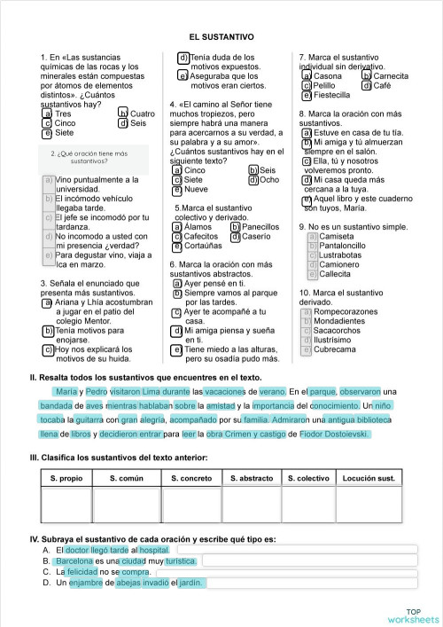 IDENTIFICAR SUSTANTIVOS. Ficha interactiva | TopWorksheets
