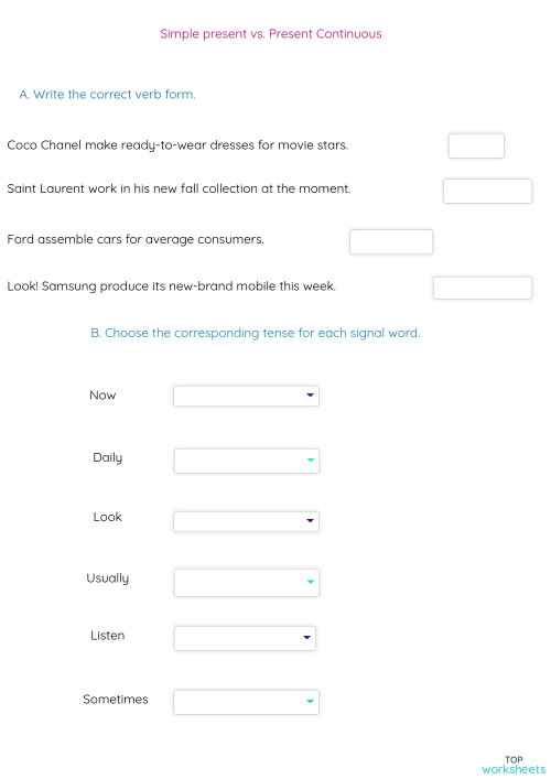 Simple Present vs. Present Continuous. Interactive worksheet ...