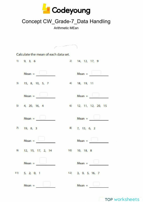 Arithmetic Mean Concept Cw Interactive Worksheet Topworksheets