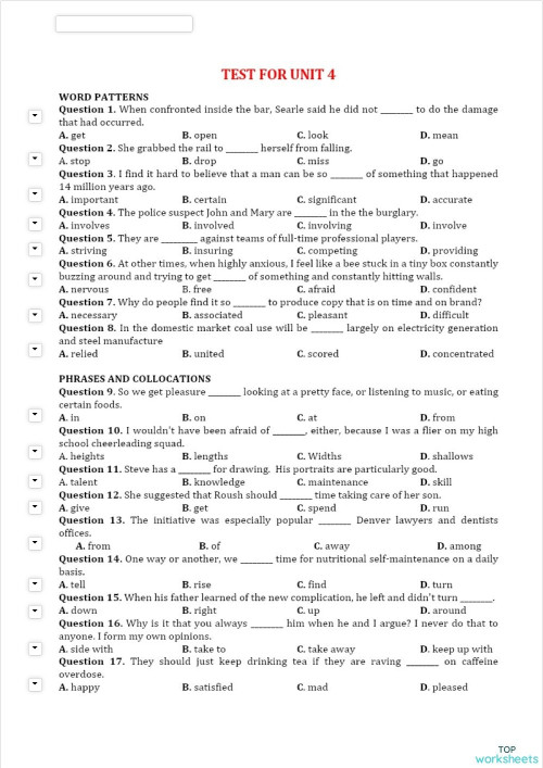 [ADVANCED ENGLISH] - TEST FOR UNIT 4 B2. Interactive worksheet ...