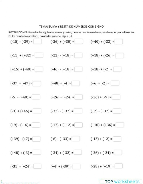 Sumas y restas con números enteros. Ficha interactiva | TopWorksheets