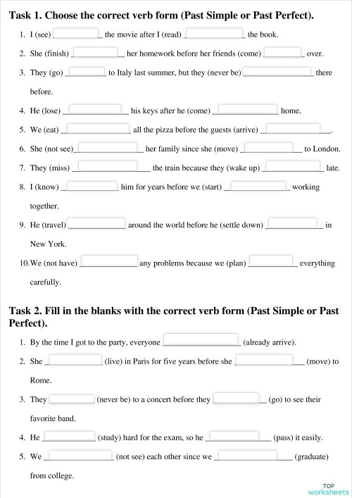 Past Simple/Past Perfect. Interactive worksheet | TopWorksheets