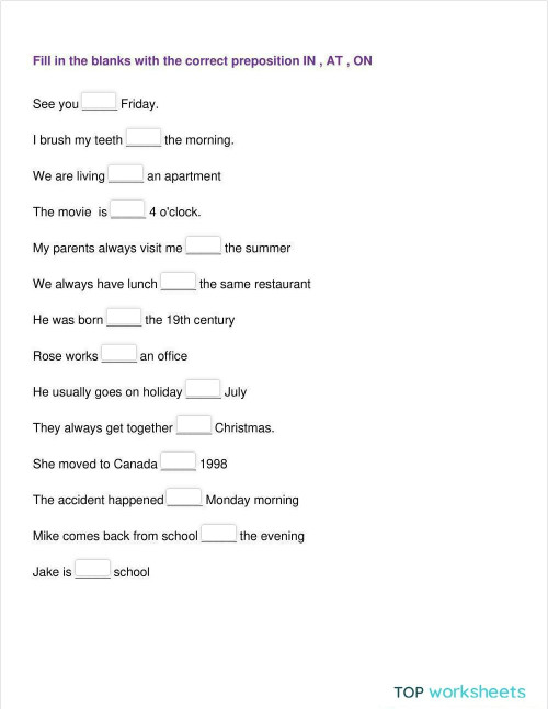 Prepositions exam. Interactive worksheet | TopWorksheets