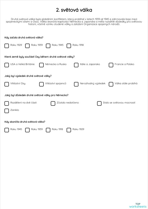 2. světová válka. Interaktivní pracovní list | TopWorksheets