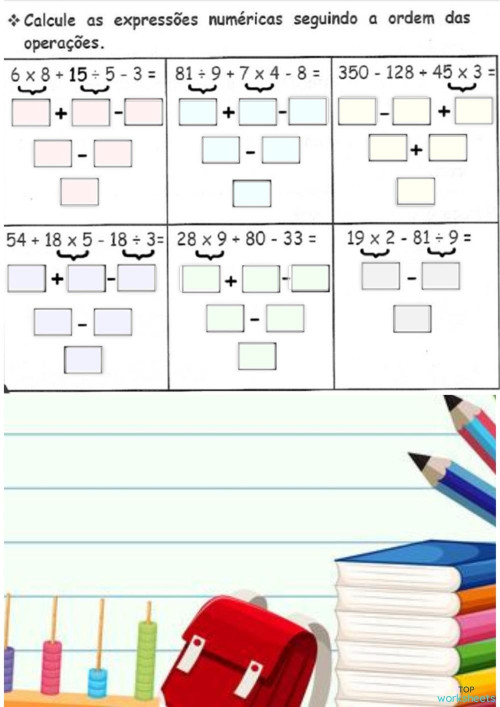 Lista 1 (Expressões Numéricas). Ficha interativa | TopWorksheets