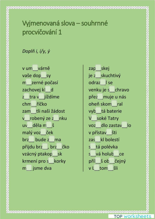 Vyjmenovaná slova - procvičování. Interaktivní pracovní list ...