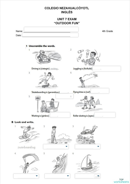4th Grade Unit 7 Exam. Ficha interactiva | TopWorksheets