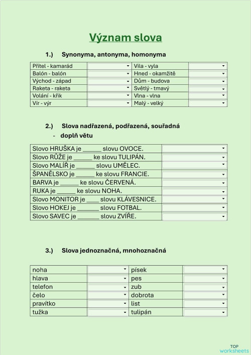 Čeština: interaktivní pracovní listy a online cvičení | TopWorksheets