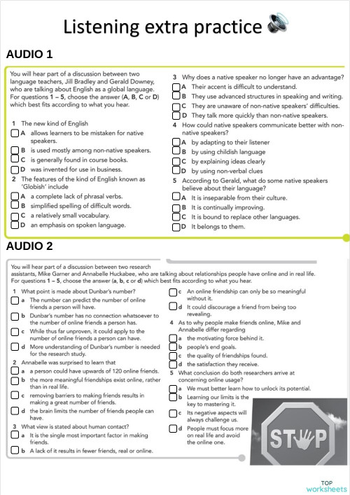 Listening extra practice 🔊. Interactive worksheet | TopWorksheets
