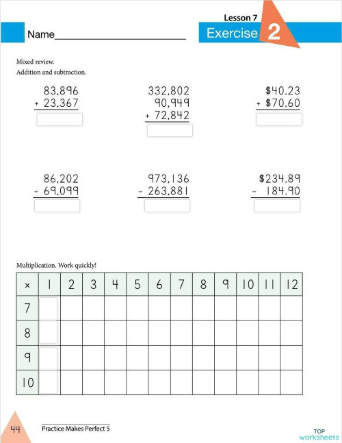 Lesson 7: Exercise 2 Pg 44. Interactive worksheet | TopWorksheets
