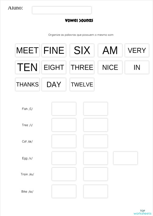 Vowel sounds /i/; /I/;/æ/;/ɛ/;/eɪ/;/aɪ/. Ficha interativa | TopWorksheets