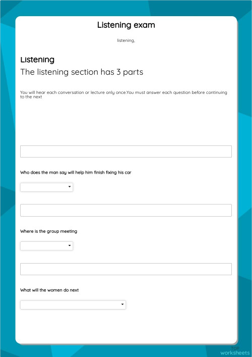 Listening exam. Interactive worksheet | TopWorksheets