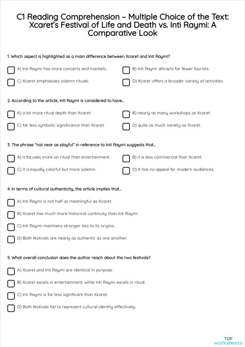 C1 Reading Comprehension – Multiple Choice of the Text: Xcaret’s ...