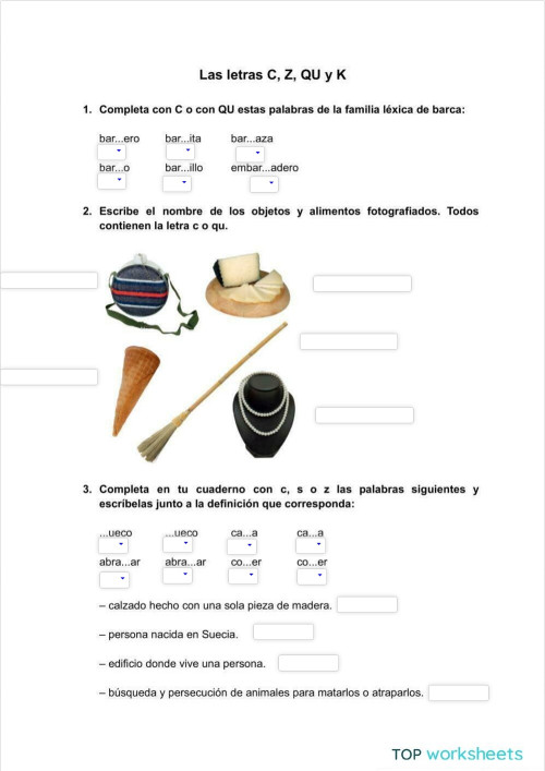 Las letras C, Z, QU y K. Ficha interactiva | TopWorksheets