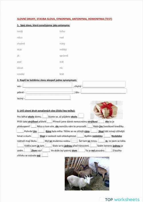 Slovní druhy, stavba slova. Interaktivní pracovní list | TopWorksheets