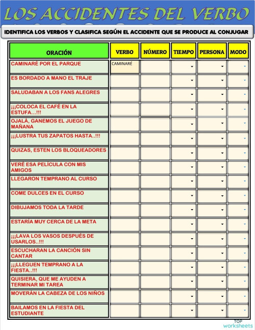ACCIDENTES DEL VERBO. Ficha interactiva | TopWorksheets