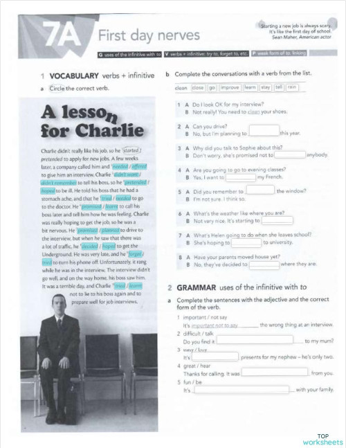 ACT 1: 7A- FIRST DAY NERVES. Interactive worksheet | TopWorksheets