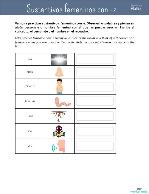 Sustantivos femeninos y masculinos con -z. Ficha interactiva ...