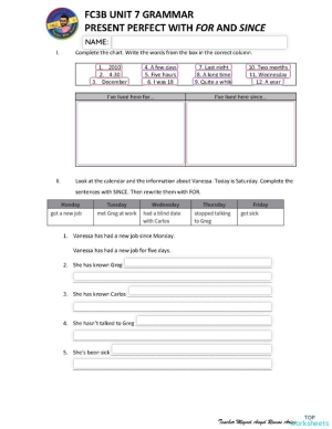 PRESENT PERFECT WITH FOR AND SINCE. Interactive worksheet | TopWorksheets