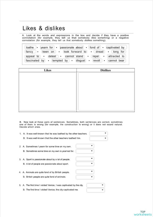 [Cô Ly] Vocab - likes and dislikes. Interactive worksheet | TopWorksheets