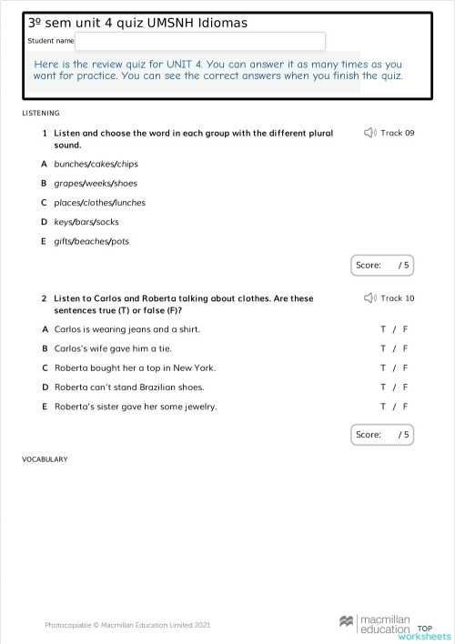 3rd Unit 4 Quiz. Interactive worksheet | TopWorksheets