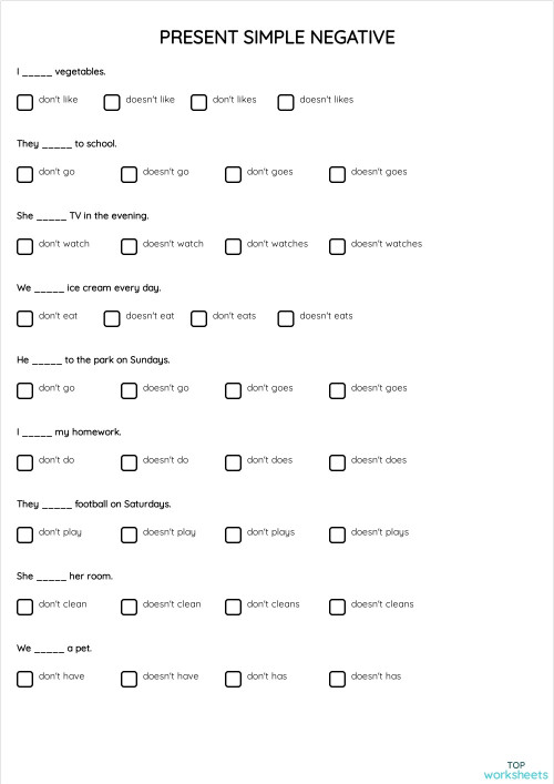 PRESENT SIMPLE NEGATIVE. Interactive worksheet | TopWorksheets