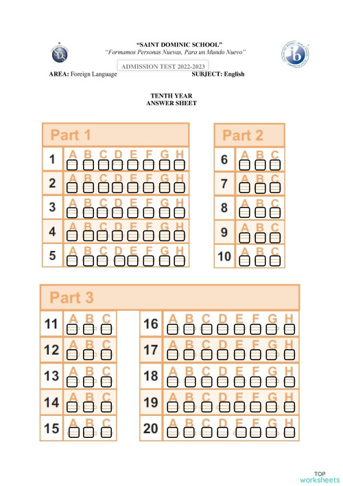 KET READING ANSWER SHEET. Interactive worksheet | TopWorksheets