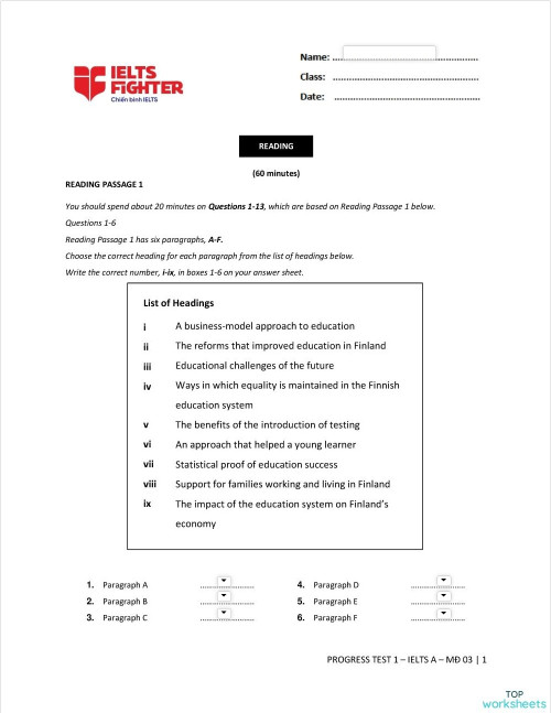 PROGRESS TEST 1 - FIGHTER A- READING (MD3). Interactive worksheet ...
