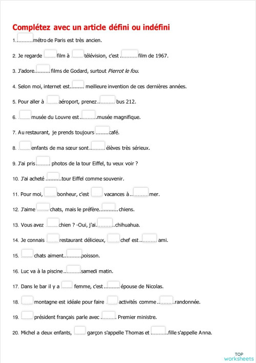 Articles définis et indéfinis. Fiche interactive | TopWorksheets