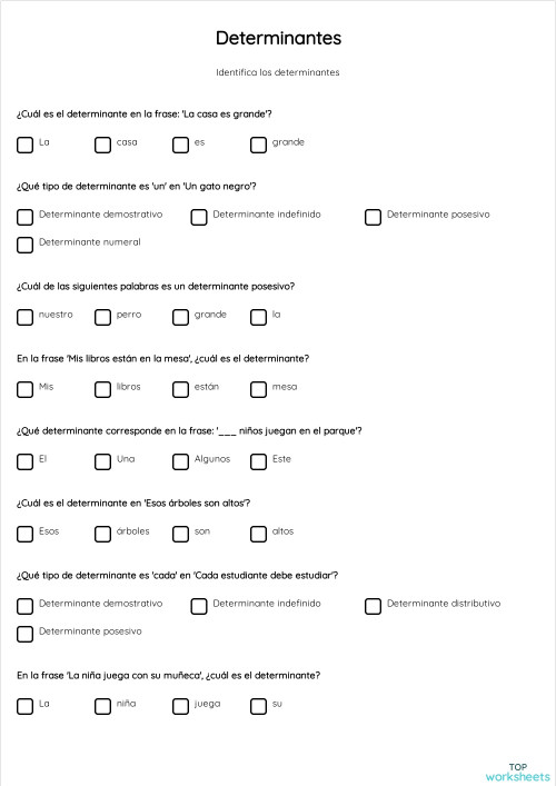 DETERMINANTES. Ficha interactiva | TopWorksheets