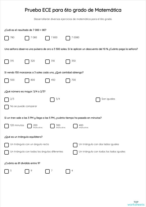 Prueba Ece 6to matemática 1. Ficha interactiva | TopWorksheets