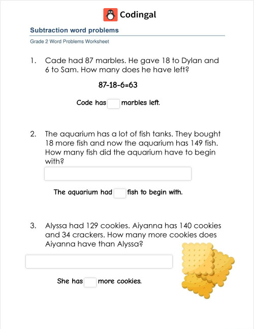 M_G02M06L31_WC01_Subtraction word problems two digit numbers.. Interactive worksheet | TopWorksheets