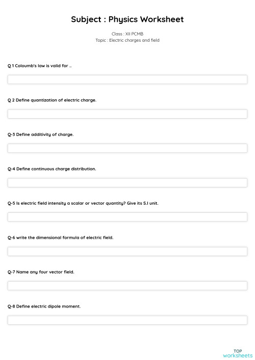 Subject : Physics Worksheet. Interactive worksheet | TopWorksheets