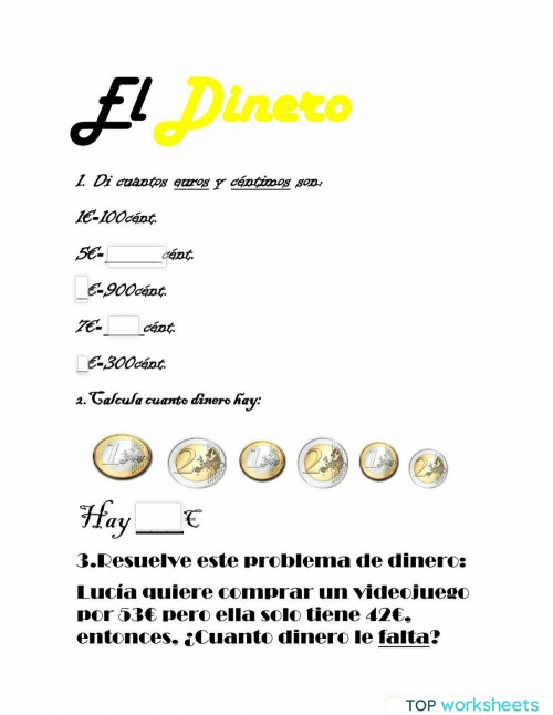 El dinero. Ficha interactiva | TopWorksheets
