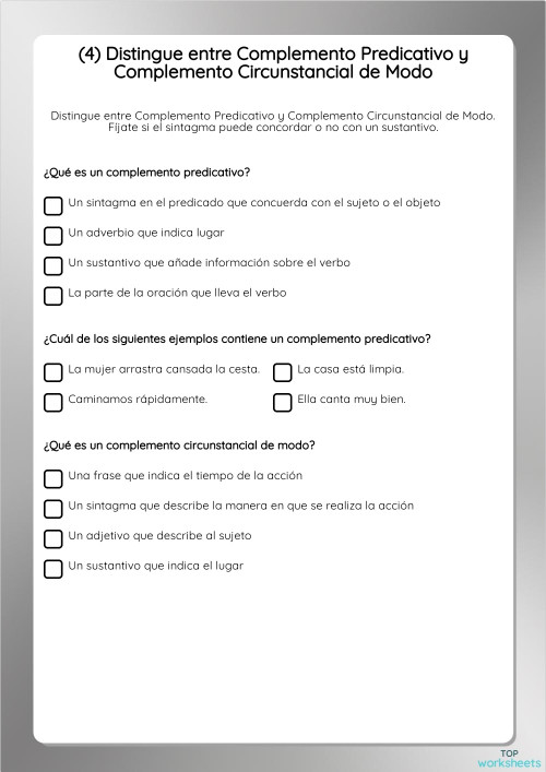 (4) Distingue entre Complemento Predicativo y Complemento ...
