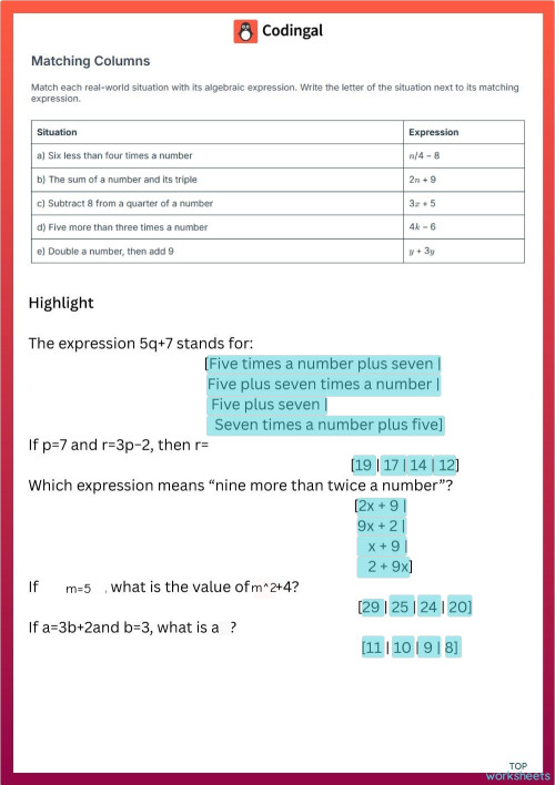 M_G05M12L32_WE01_Using_Variables_in_Algebraic_Expressions_5. Interactive worksheet | TopWorksheets