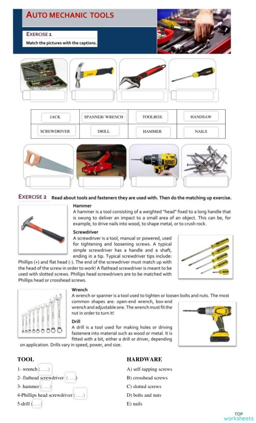 automechanic tools. Interactive worksheet | TopWorksheets