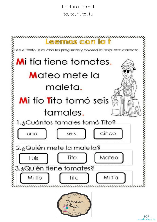 Lectura letra T/Colegio Petit. Ficha interactiva | TopWorksheets