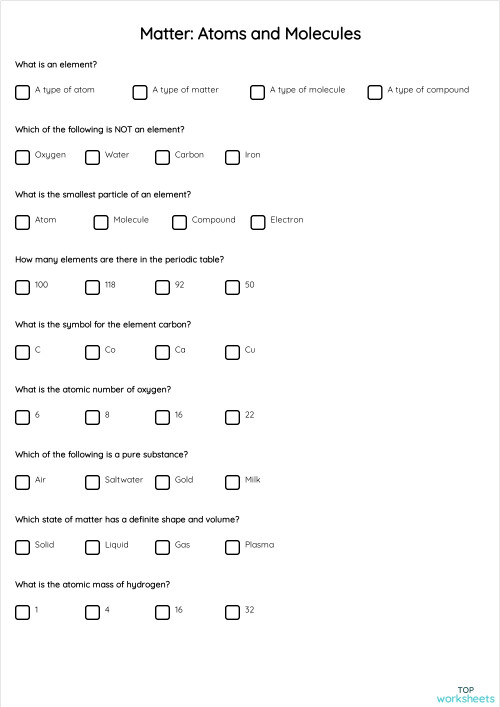 Matter: Atoms and Molecules. Interactive worksheet | TopWorksheets