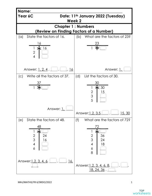 Chapter 1 : Numbers (Factors of a Number). Interactive worksheet ...
