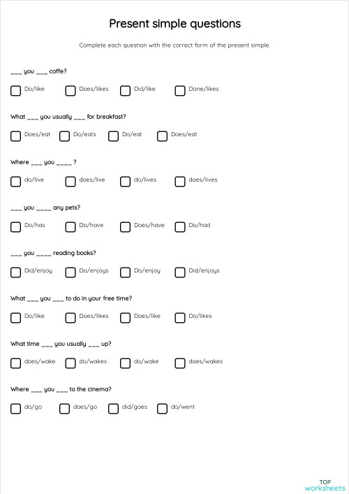 Present simple questions. Interactive worksheet | TopWorksheets
