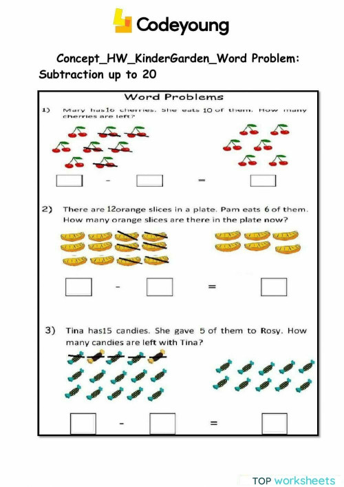 Subtraction up to 20. Interactive worksheet | TopWorksheets