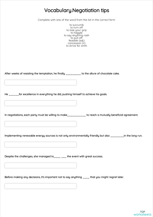Vocabulary.Negotiation tips. Interactive worksheet | TopWorksheets